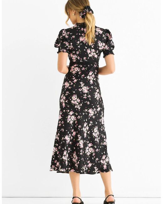 Gini London Floral Lace Trim Bias Midi Dress in Black | Lyst UK