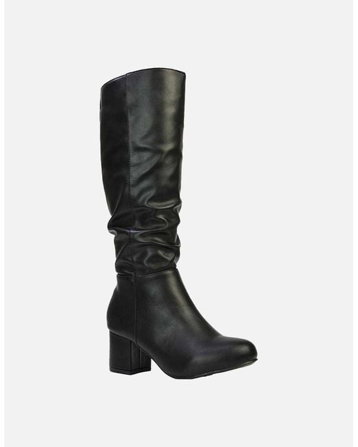 XY London Ladies Jackie Ruched Mid Block Heel Knee-High Boots in Black ...