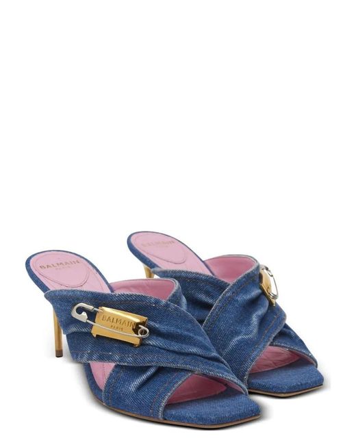 Balmain Denim Safety Pin Mules in Blue | Lyst