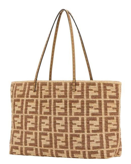 Fendi Ff Raffia Crochet Roll Large Shopper in Brown | Lyst