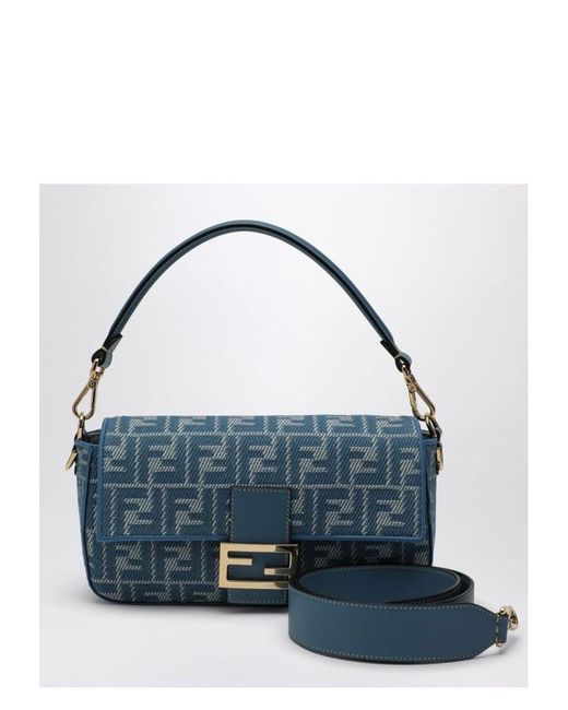 Fendi Denim-Effect Ff Jacquard Baguette Bag in Blue | Lyst