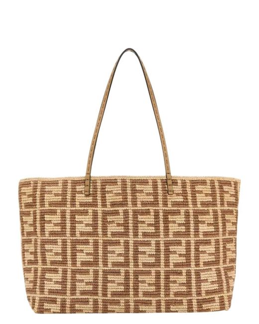 Fendi Ff Raffia Crochet Roll Large Shopper in Brown | Lyst
