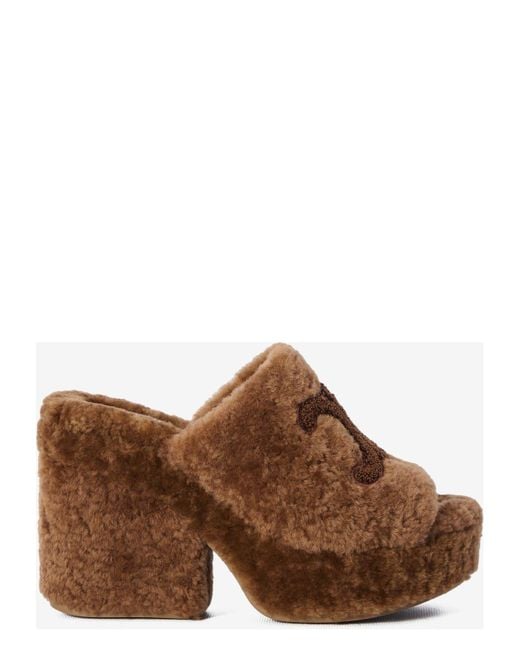 Celine Shearling Mules in Brown | Lyst