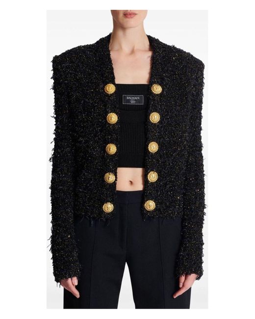 Balmain Tweed Buttoned Jacket in Black | Lyst