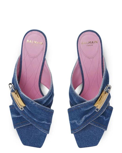 Balmain Denim Safety Pin Mules in Blue | Lyst