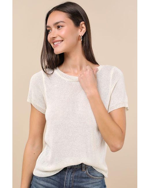 Lulus Clean Aesthetic Cream Short Sleeve Sweater Top in Natural | Lyst