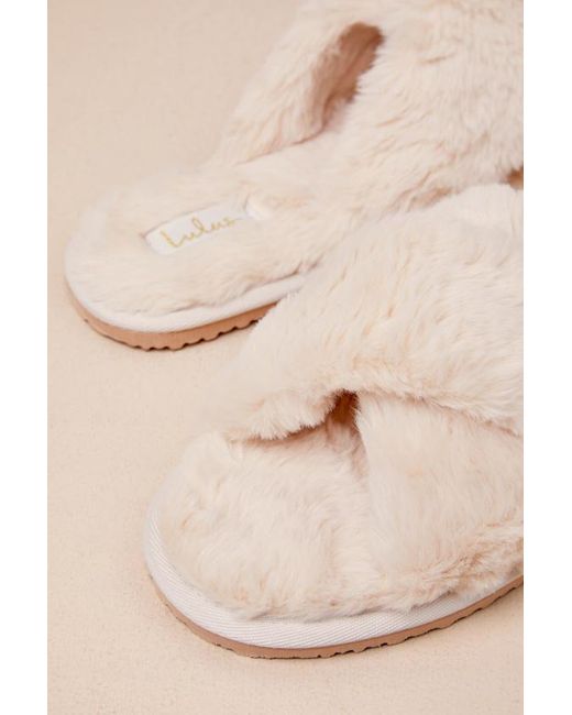 Lulus Elerie Cream Faux Fur Slide Slippers in Natural | Lyst