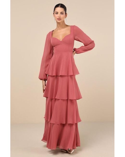 Lulus Flawless Excellence Rusty Rose Tiered Long Sleeve Maxi Dress | Lyst
