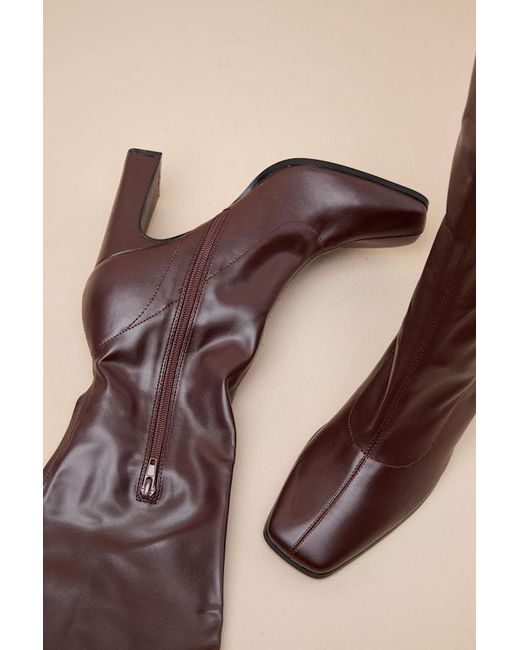 Lulus Albane Chocolate Square Toe Knee-High Boots in Brown | Lyst