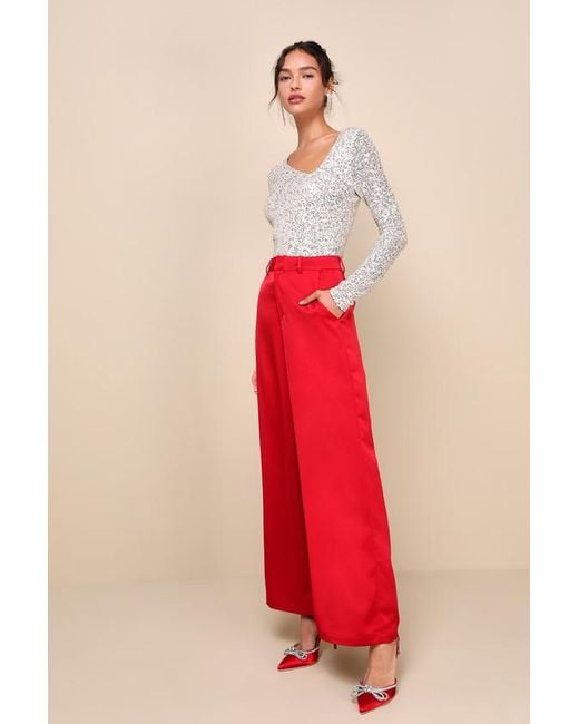 Lulus Unique Vibe Sequin Asymmetrical Long Sleeve Top in Red | Lyst UK
