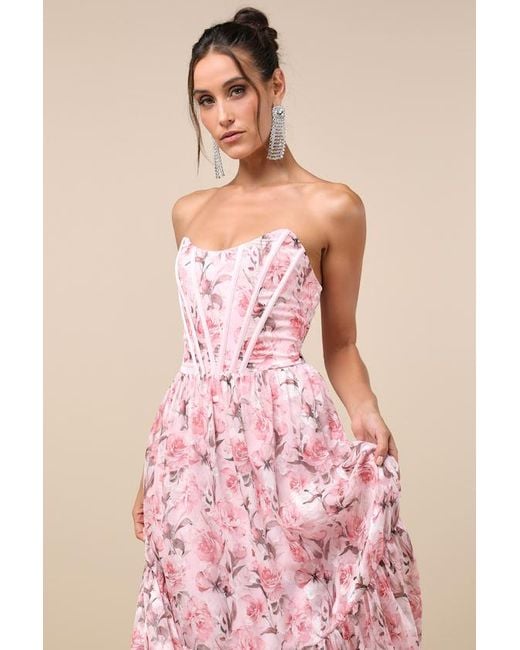 Lulus Special Moment Floral Strapless Bustier Maxi Dress in Pink | Lyst
