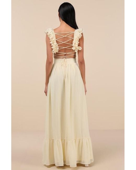 Lulus Soiree Celebration Ruffled Lace-Up Maxi Dress in Natural | Lyst