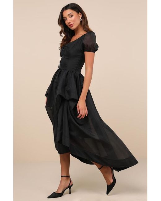 Lulus Delightfully Chic Organza Puff Sleeve Midi Dress in Black | Lyst UK