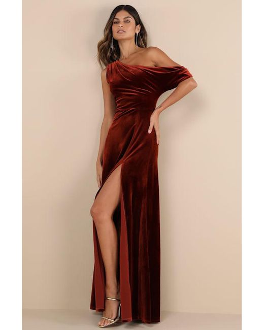 Lulus Coveted Confidence Rust Velvet Asymmetrical Maxi Dress in Brown ...