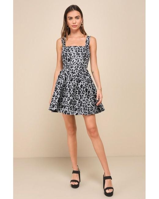Lulus Untamed Cutie Leopard Jacquard Bustier Mini Dress in Blue | Lyst