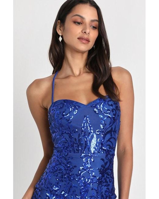 Lulus Shining Goddess Sequin Lace-Up Mini Dress in Blue | Lyst