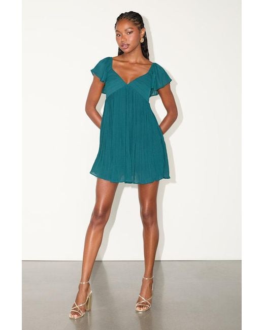 Lulus Amalfi Coast Emerald Pleated Flutter Sleeve Mini Dress in Black ...