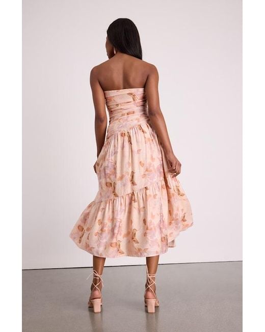 Lulus Kristella Blush Floral Strapless Tiered Midi Dress in Pink | Lyst