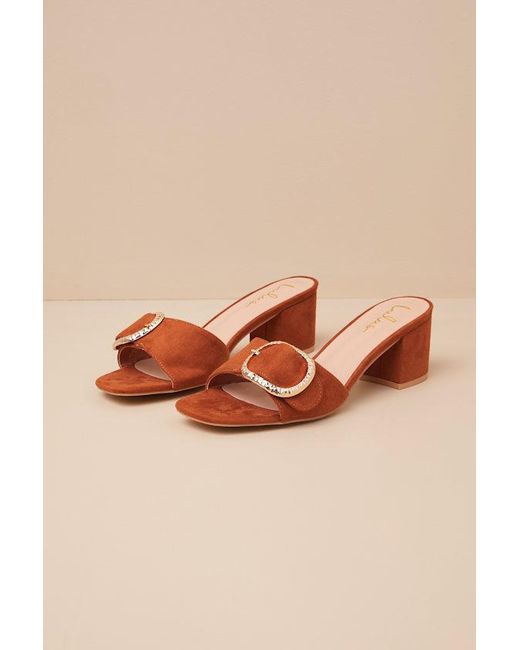 Lulus Franette Suede Low Heel Buckle Slide Sandals in Natural | Lyst