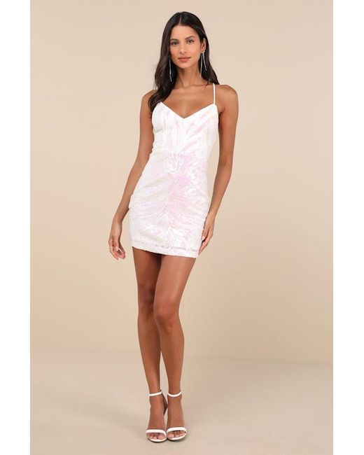 Lulus Sparkle 'Til Dawn Iridescent Sequin Lace-Up Mini Dress in Natural ...