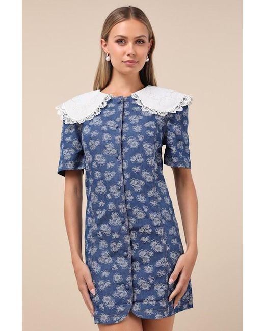 Sister Jane Wildflower Floral Jacquard Denim Lace Collar Mini Dress in ...