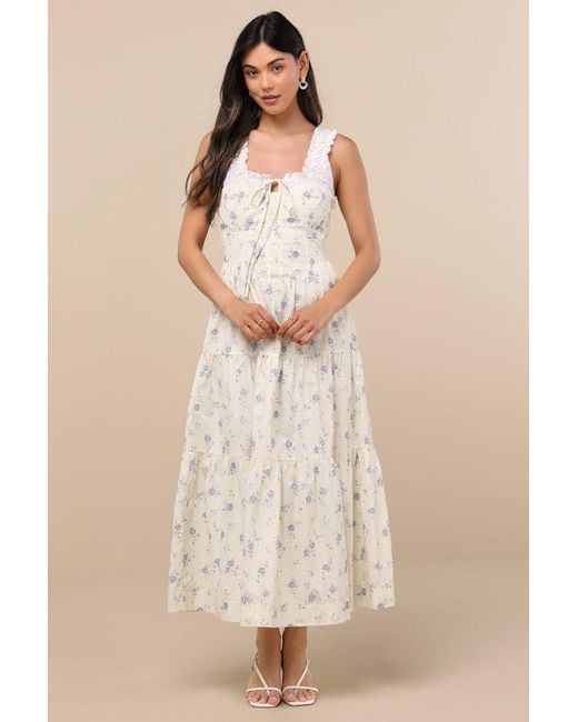 Lulus Bianka Floral Ruffled Tiered Midi Dress in Natural | Lyst