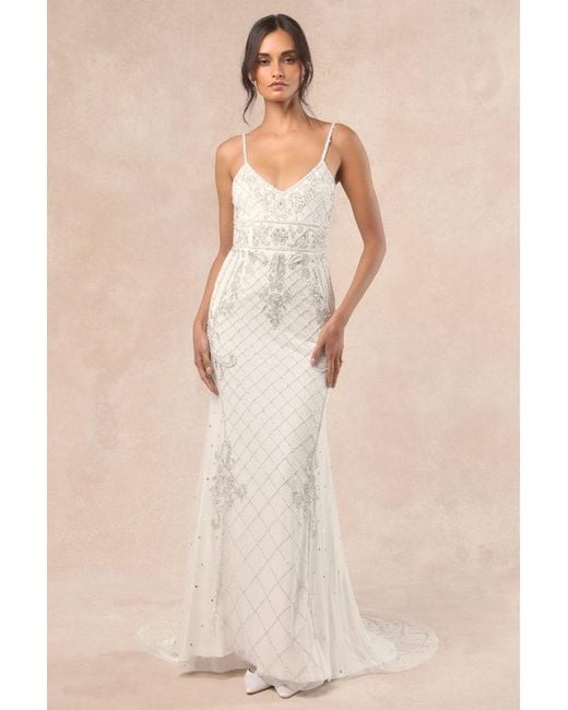 Lulus Ciella And Beaded Mermaid Maxi Dress in Natural | Lyst UK