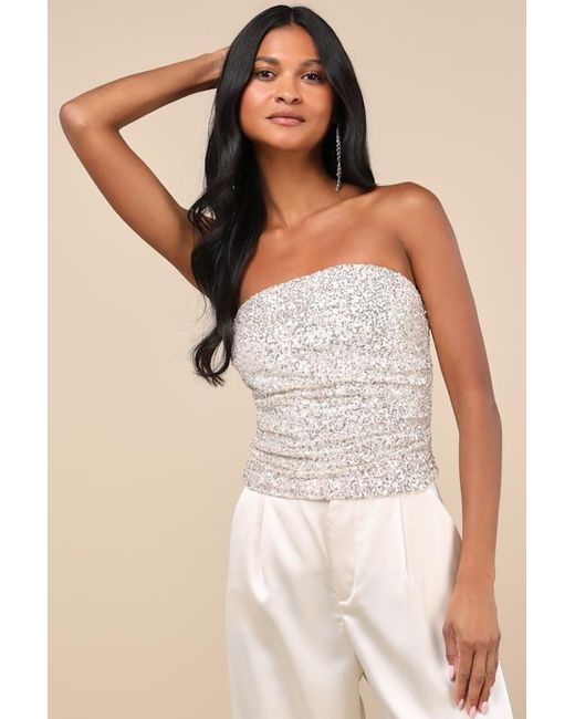 Lulus Marvelous Shine Mesh Sequin Strapless Crop Top in Natural | Lyst