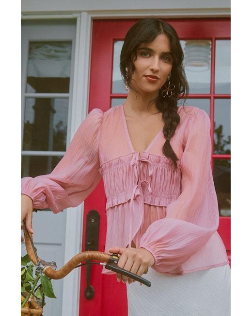 Lulus Kyler Sheer Tie-Front Long Sleeve Top in Pink | Lyst
