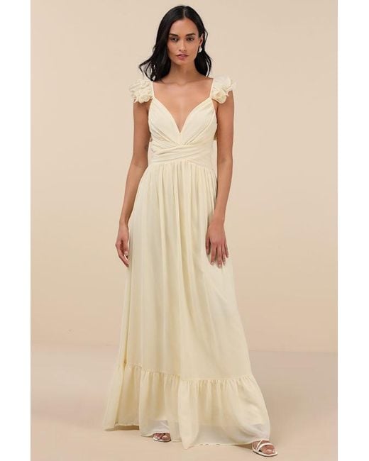 Lulus Soiree Celebration Ruffled Lace-Up Maxi Dress in Natural | Lyst
