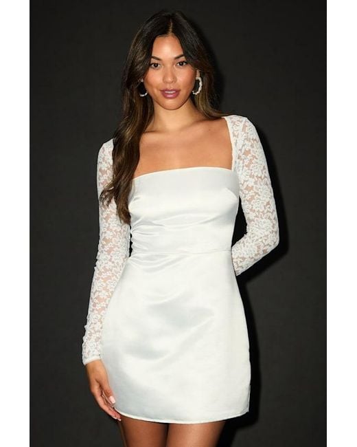 Lulus Prettiest Behavior Satin Lace Long Sleeve Mini Dress in Natural ...