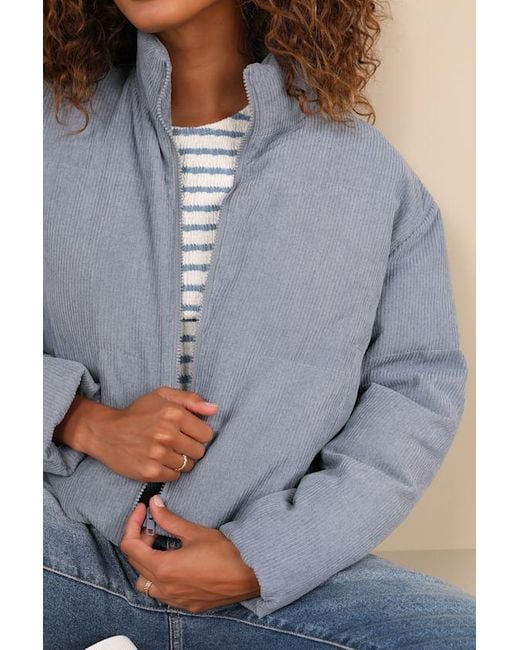 Lulus Cloud Nine Cutie Slate Cropped Corduroy Puffer Jacket in Blue | Lyst