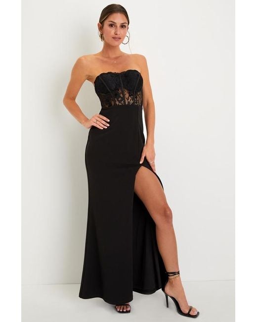 Lulus Sultry Persona Lace Strapless Bustier Mermaid Maxi Dress in Black ...