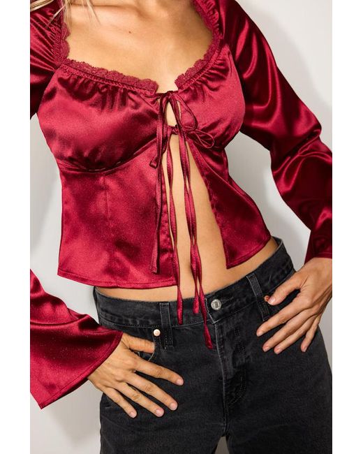 Lulus Bess Satin Tie-Front Long Sleeve Top in Red | Lyst UK