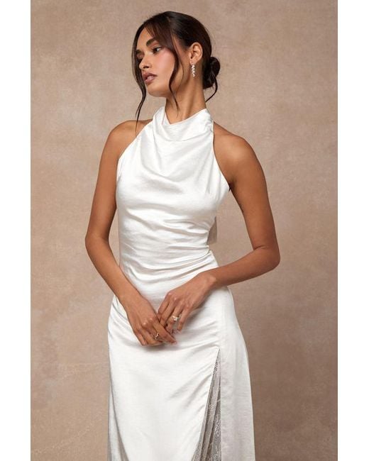 Lulus Concetta Satin Lace Halter Maxi Dress in Natural | Lyst