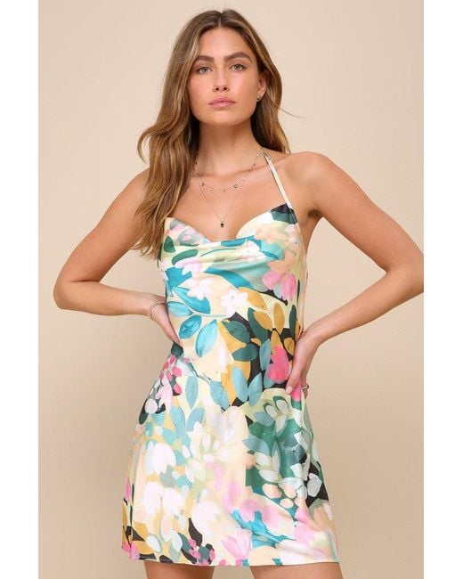 Lulus Elevated Effect Multi Floral Satin Halter Slip Mini Dress in Blue ...