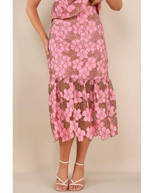 Lulus Quintessa Floral Crochet Lace Tiered Midi Skirt in Pink | Lyst