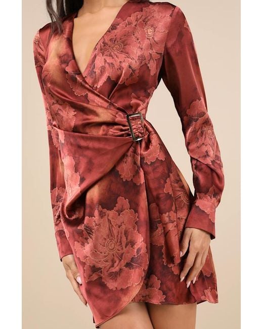Lulus Casually Elegant Rust Floral Satin Surplice Belted Mini Dress in ...