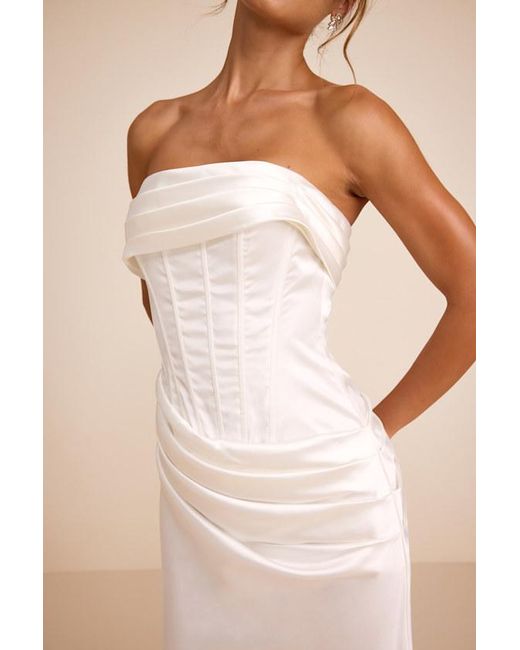 Lulus Dawn Satin Strapless Column Maxi Dress in Natural | Lyst