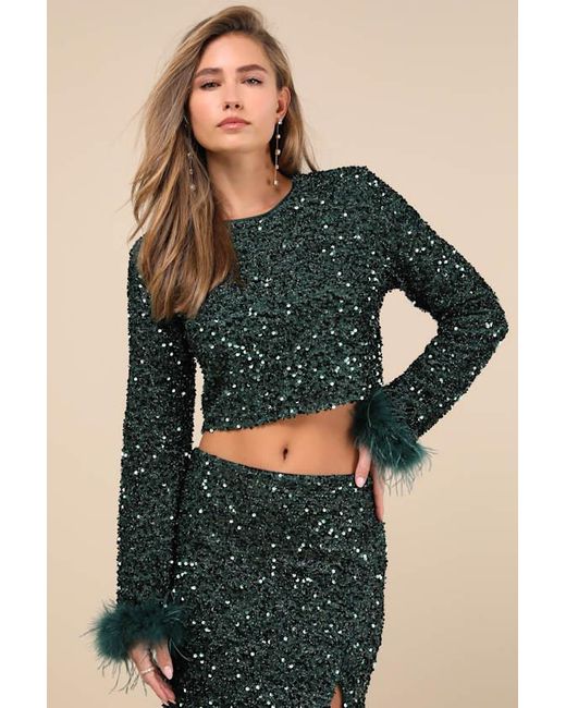 Lulus Sparkling Behavior Sequin Feather Long Sleeve Top in Green | Lyst UK