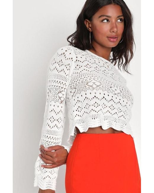 Lulus Perfect Outlook Crochet Long Sleeve Cropped Sweater Top in Red ...