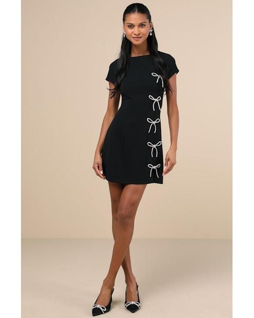 Lulus Endearing Sparkle Rhinestone Bow Mini Dress in Black | Lyst