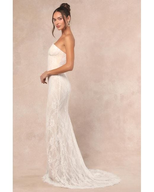 Lulus Valeria Lace Strapless Bustier Maxi Dress in Natural | Lyst