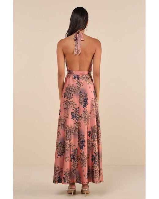 Lulus Gorgeous Passion Floral Satin Backless Halter Maxi Dress in Pink ...