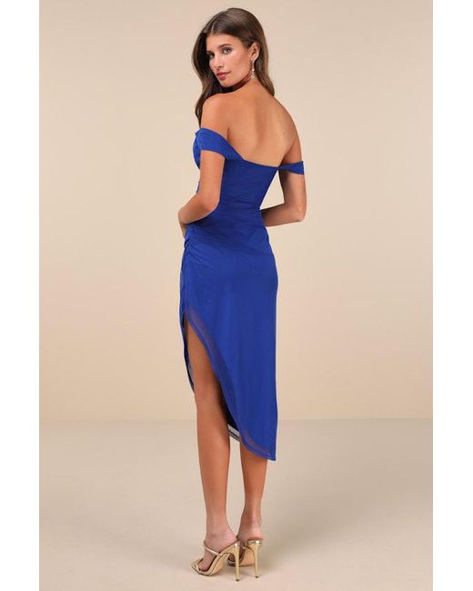Lulus Idyllic Beauty Off-The-Shoulder Midi Dress in Blue | Lyst