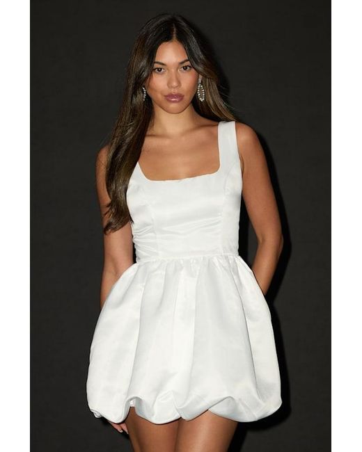 Lulus Regal Cutie Satin Square Neck Bubble-Hem Mini Dress in White | Lyst