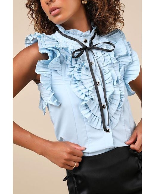 Sister Jane Lasso Pleated Ruffled Ribbon Tie Top in Blue | Lyst