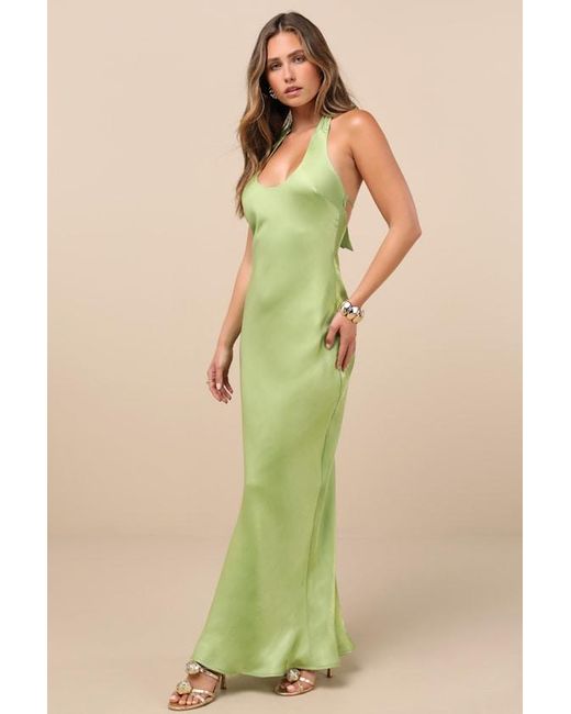 Lulus Lashay Light Satin Halter Mermaid Maxi Dress in Green | Lyst