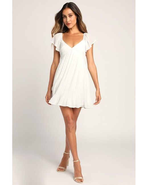 Lulus Amalfi Coast Pleated Flutter Sleeve Mini Dress in White | Lyst