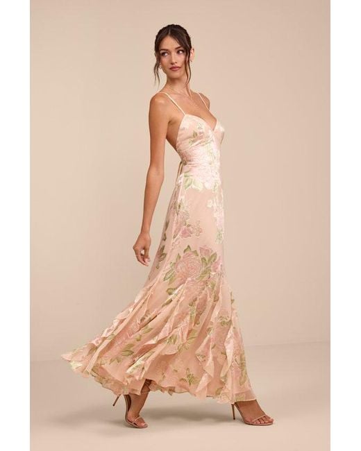 Lulus Deluca Floral Burnout Sleeveless Ruffled Maxi Dress in Natural | Lyst